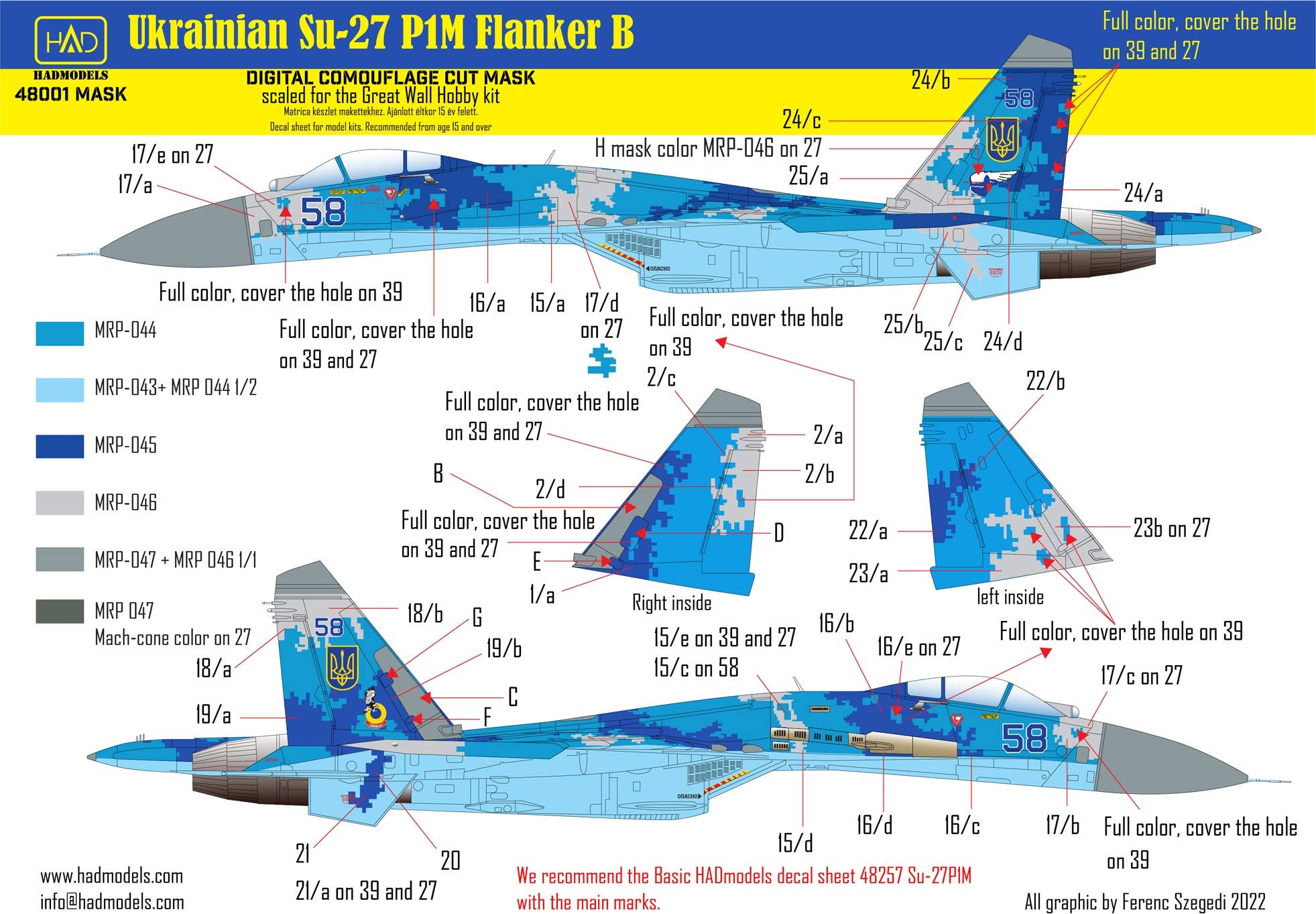 1/48 Su-27P1M フランカーB ウクライナ デジタル迷彩 塗装マスクシール (グレートウォール用) | HLJ.co.jp